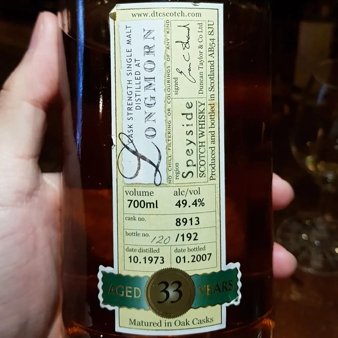 Longmorn 33 Year Old, 1973-2007, Duncan Taylor, Cask no. 8913, 120/192 ...